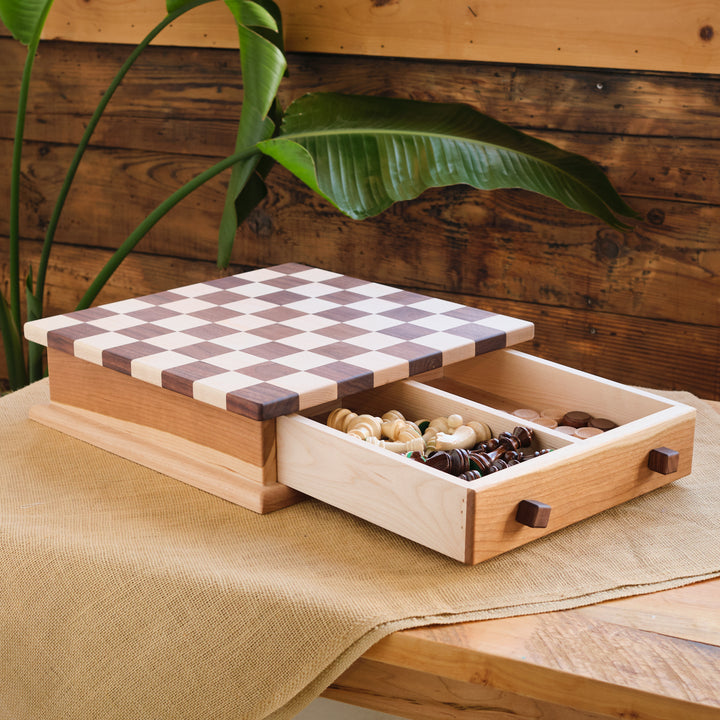 16" x 16" Walnut & Maple Checker Board Set with Drawer and Game Pieces ...