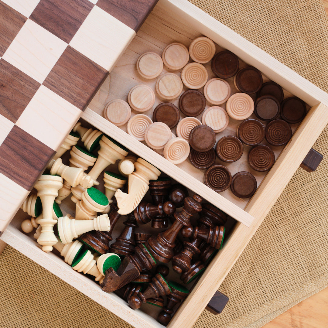 16" x 16" Walnut & Maple Checker Board Set with Drawer and Game Pieces ...