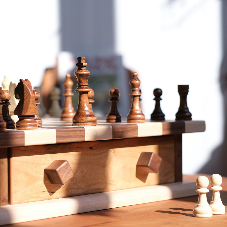 16" x 16" Walnut & Maple Checker Board Set with Drawer and Game Pieces ...
