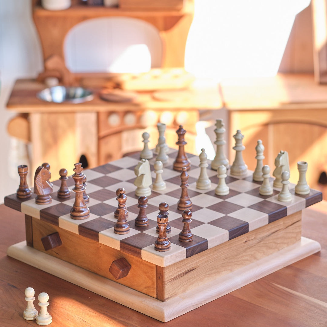 16" x 16" Walnut & Maple Checker Board Set with Drawer and Game Pieces ...