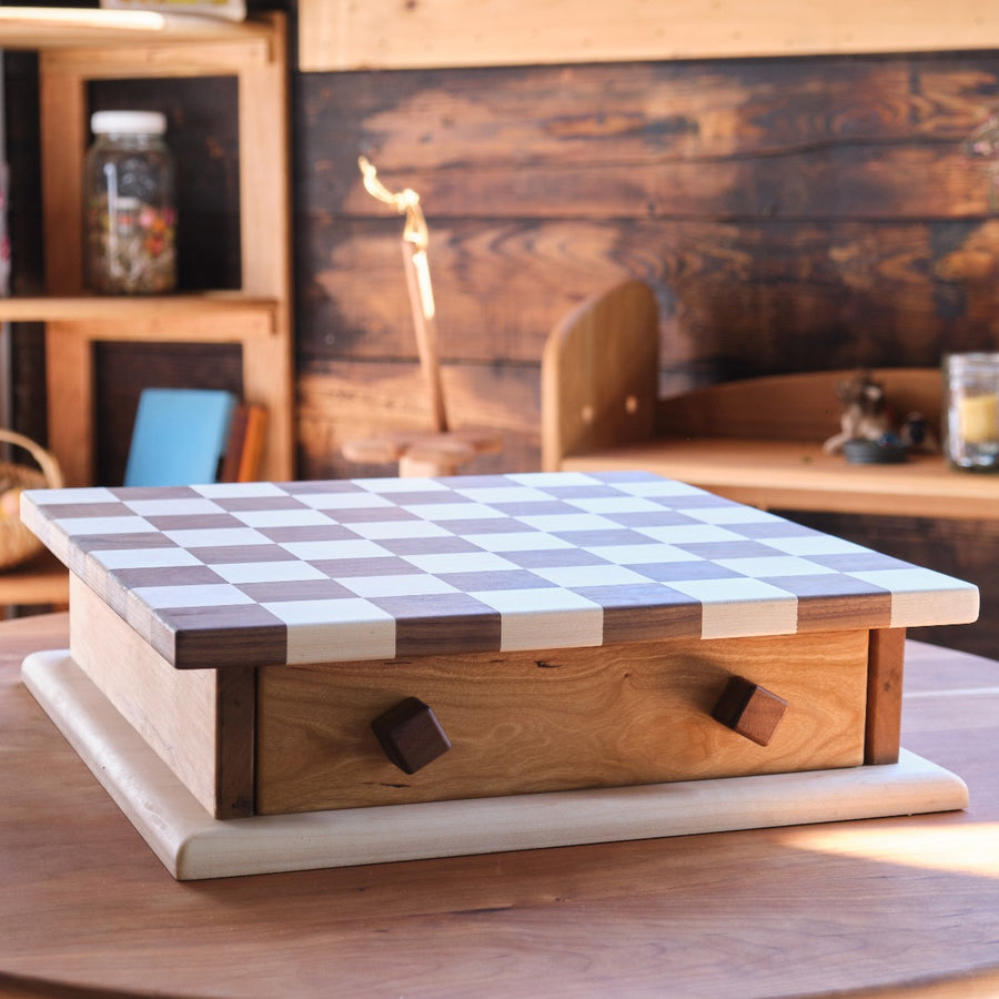16" x 16" Walnut & Maple Checker Board Set with Drawer and Game Pieces ...
